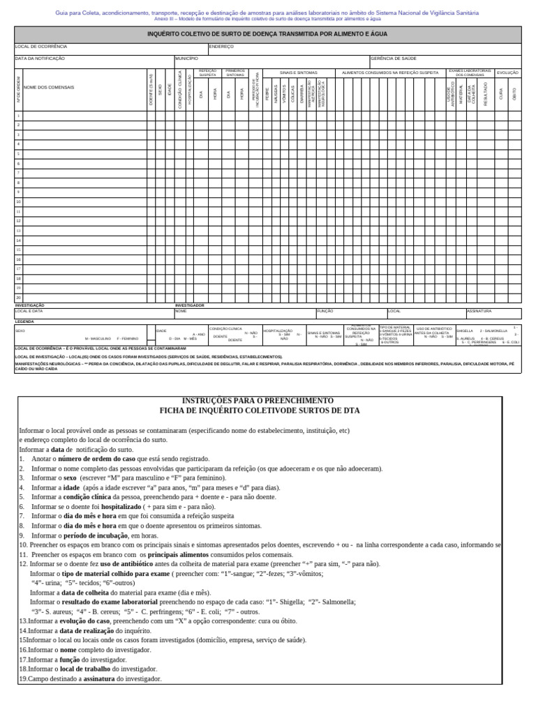 Anexo III - Formulário de Inquérito Coletivo de Surto de DTA | PDF