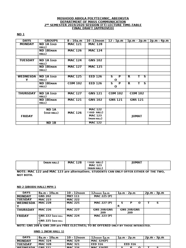 2019-2020 Second Semester Time Table | PDF