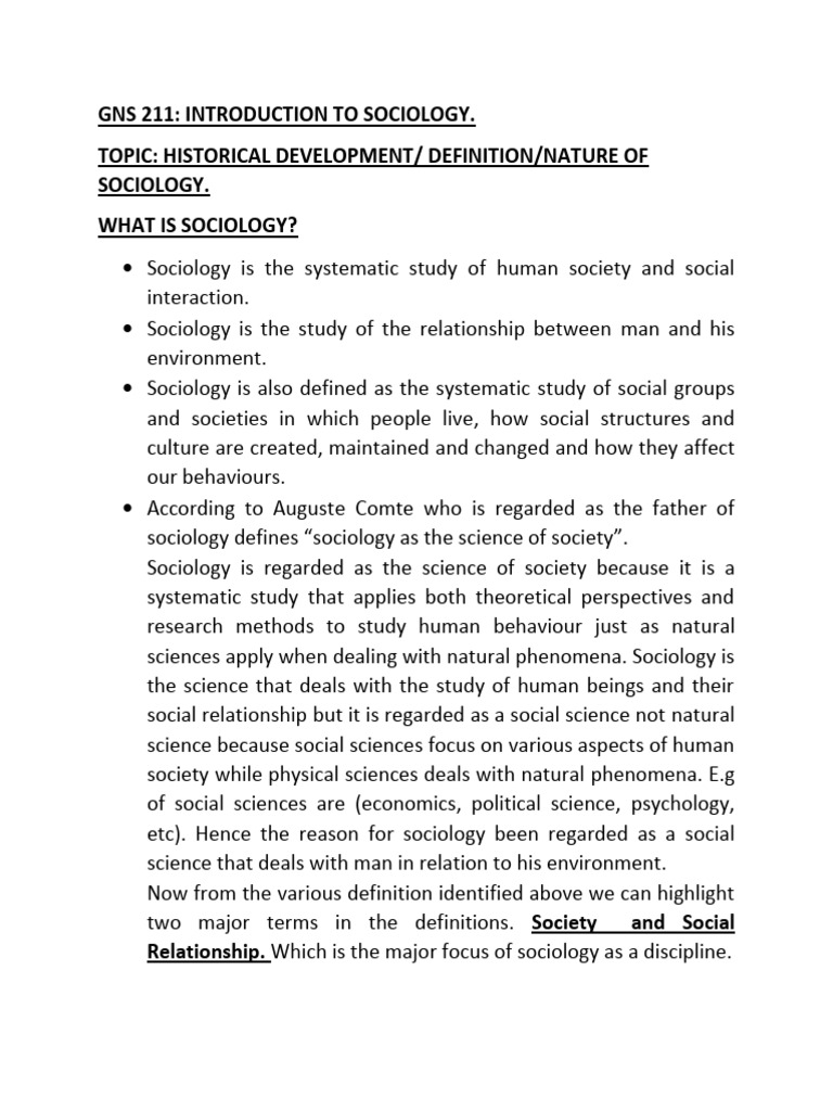 GNS 211: Introduction to Sociology | PDF | Sociology | Social Sciences