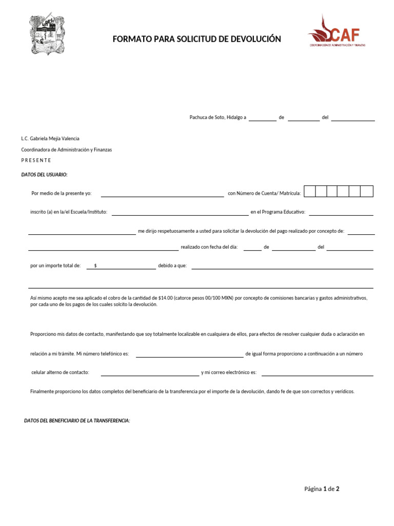 Formato Solicitud Devolucion | PDF | Transferencia bancaria | Finanzas y dinero