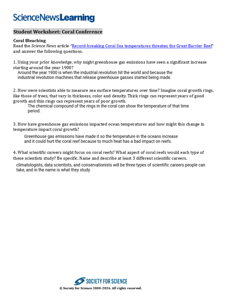 Coral Bleaching Worksheet | PDF