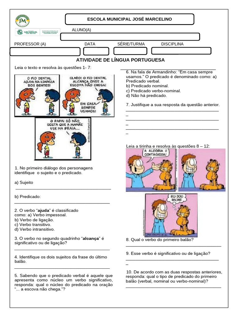 ATIVIDADE 8º Ano - TIPOS DE PREDICADO | PDF