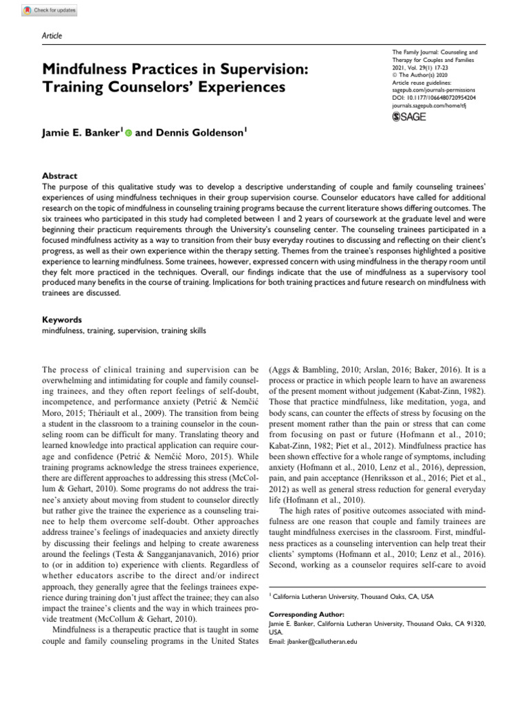 Banker Goldenson 2020 Mindfulness Practices in Supervision Training ...