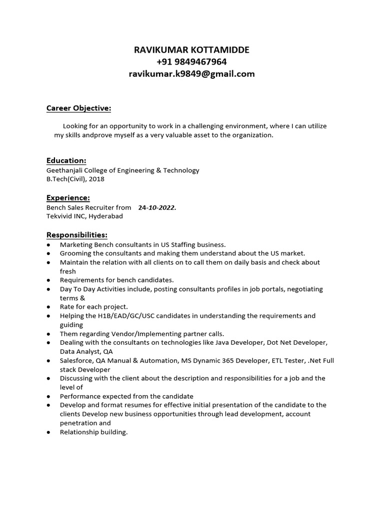 Ravikumar Bench Sales Resume. | PDF