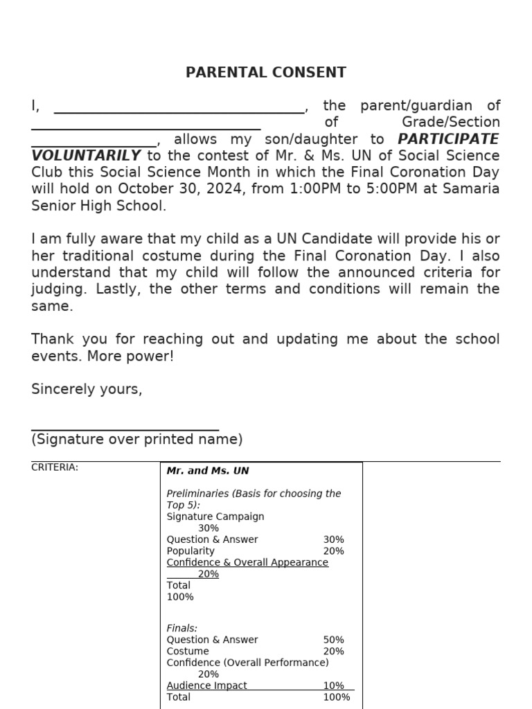 PARENTS Consent UN Contestants | PDF