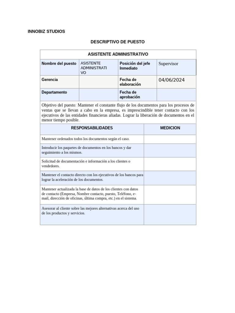 Descripcion de Puesto Asistente Administrativo | PDF