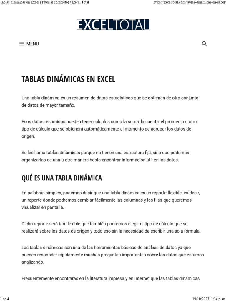 Tablas Dinámicas en Excel (Tutorial Completo) - Excell Total | PDF | Microsoft Excel | Informática