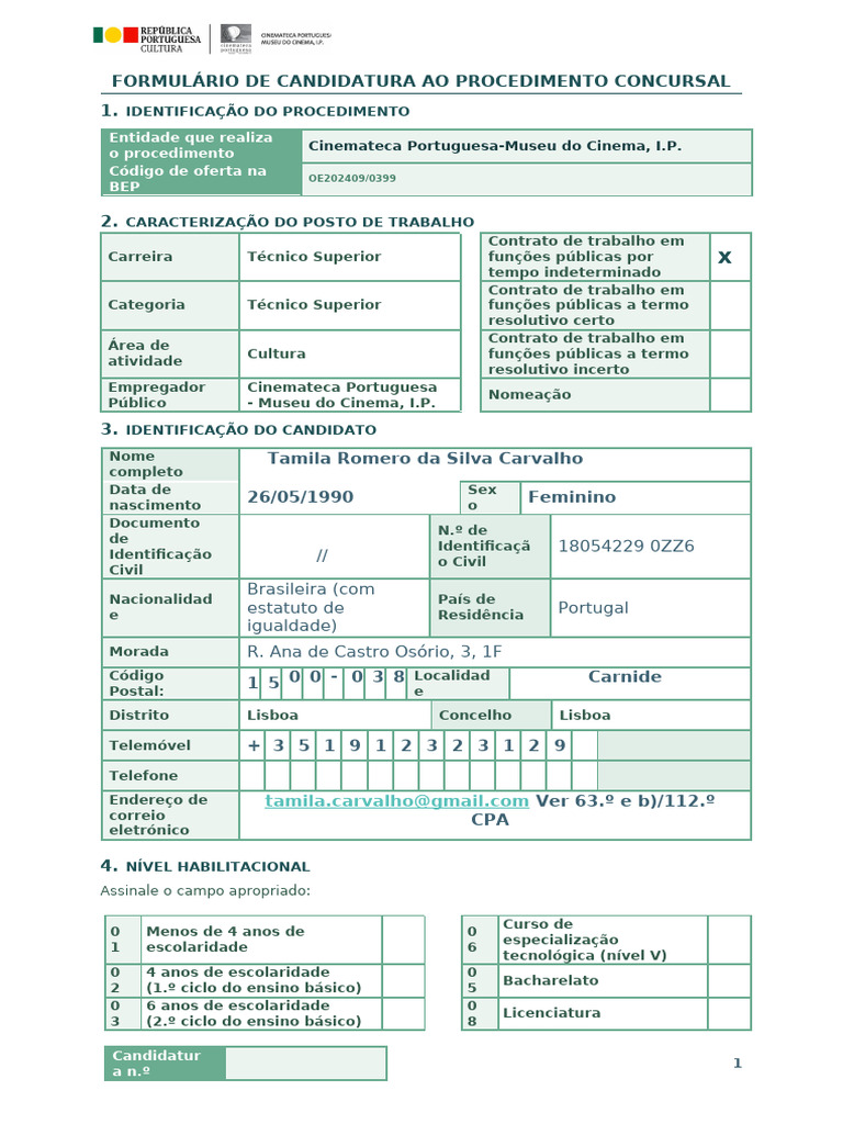 Formulario-De-Candidatura Procedimento Concursal | PDF