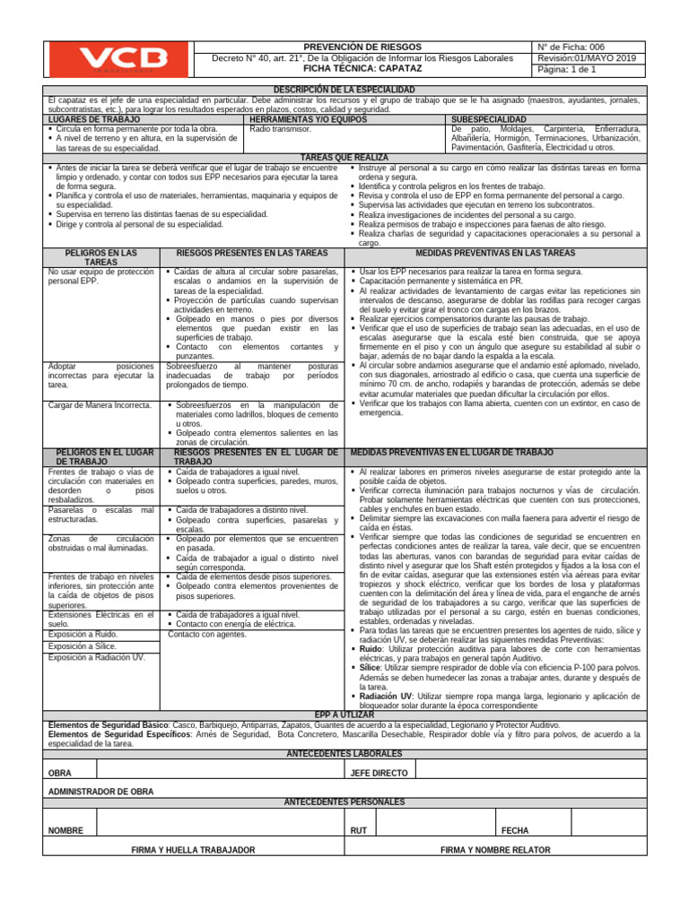 Fichas de Seguridad F-006 Capataz | PDF
