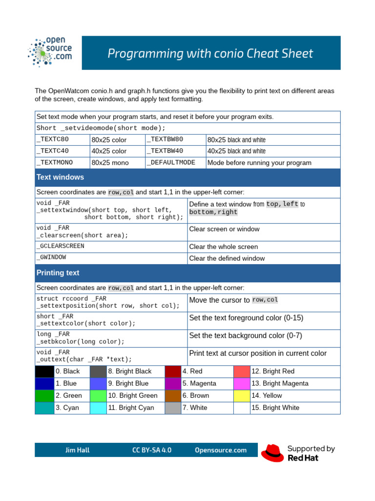 Programming with DOS conio cheat sheet | PDF