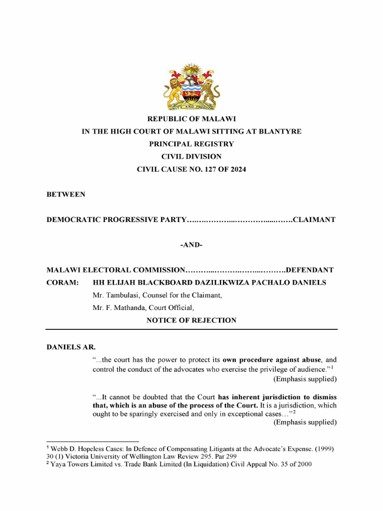 Democratic Progressive Party V Malawi Electoral Commission (Civil Cause ...