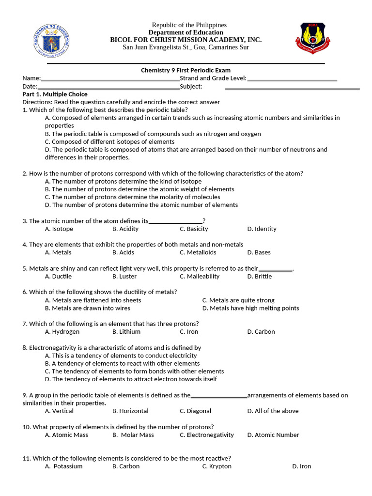 Chemistry 9 Periodic Exam | PDF