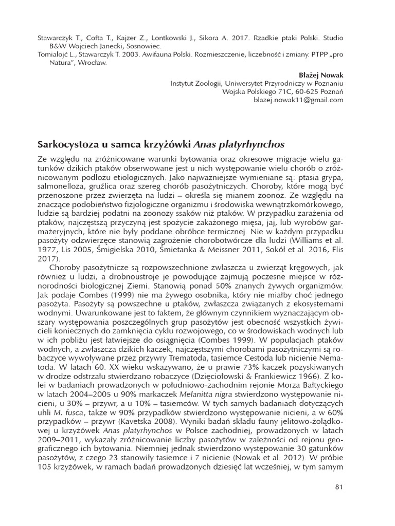 Sarkocystoza U Samca Krzyżówki Anas | PDF