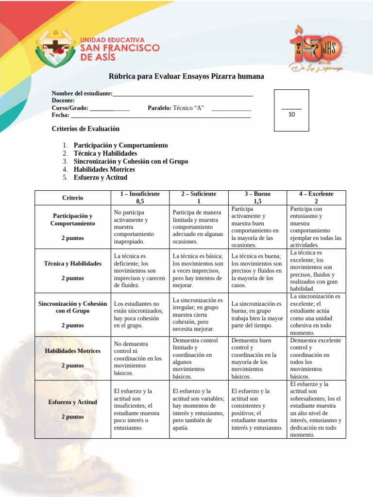Rubrica Pizarra Humana Prof Jose Manjarres | PDF