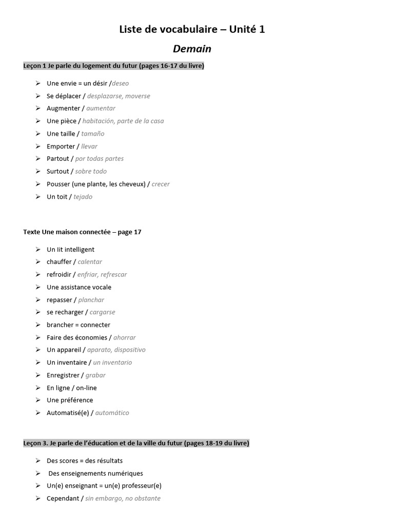 Liste de Vocabulaire - Unité 1 | PDF
