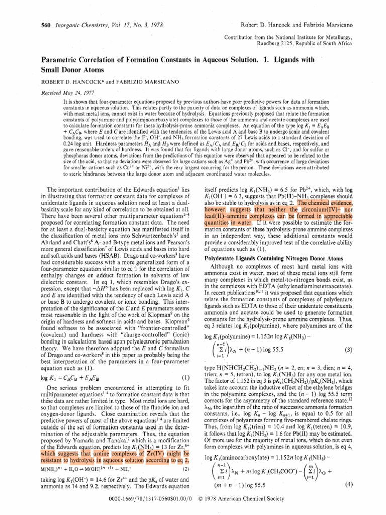 Parametric Correlation of Formation Constants in Aqueous Solution. 1 ...