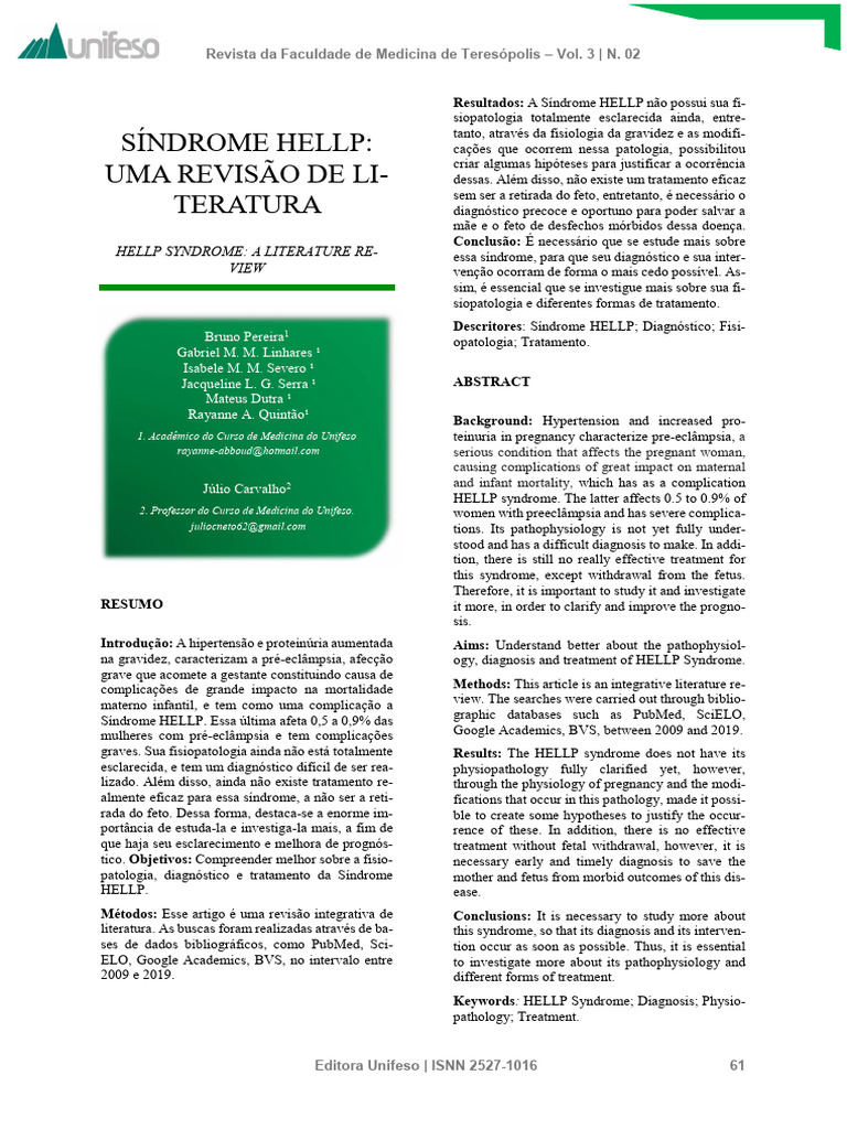 Síndrome Hellp: Uma Revisão de Li-Teratura: Hellp Syndrome: A Literature Re - View | PDF