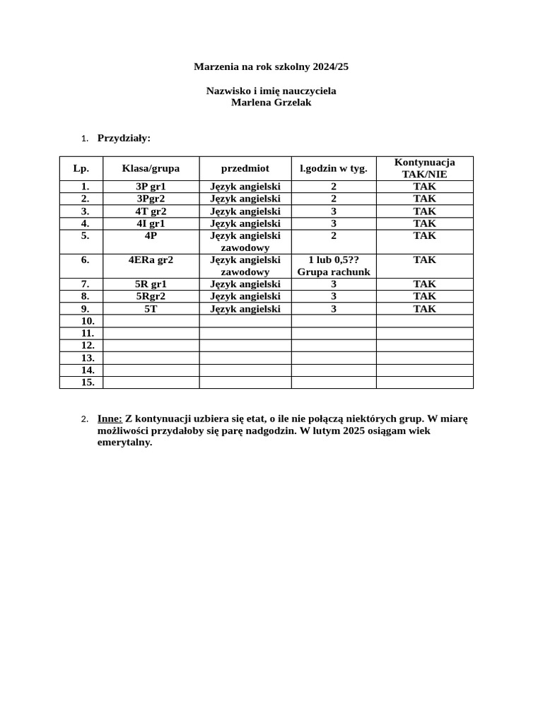Marzenia Na Rok Szkolny 2024 - 25 - Grzelak | PDF