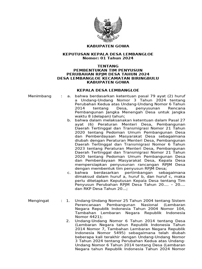 Contoh SK Tim Penyusun Rpjmdes Perubahan | PDF | Griya & Taman