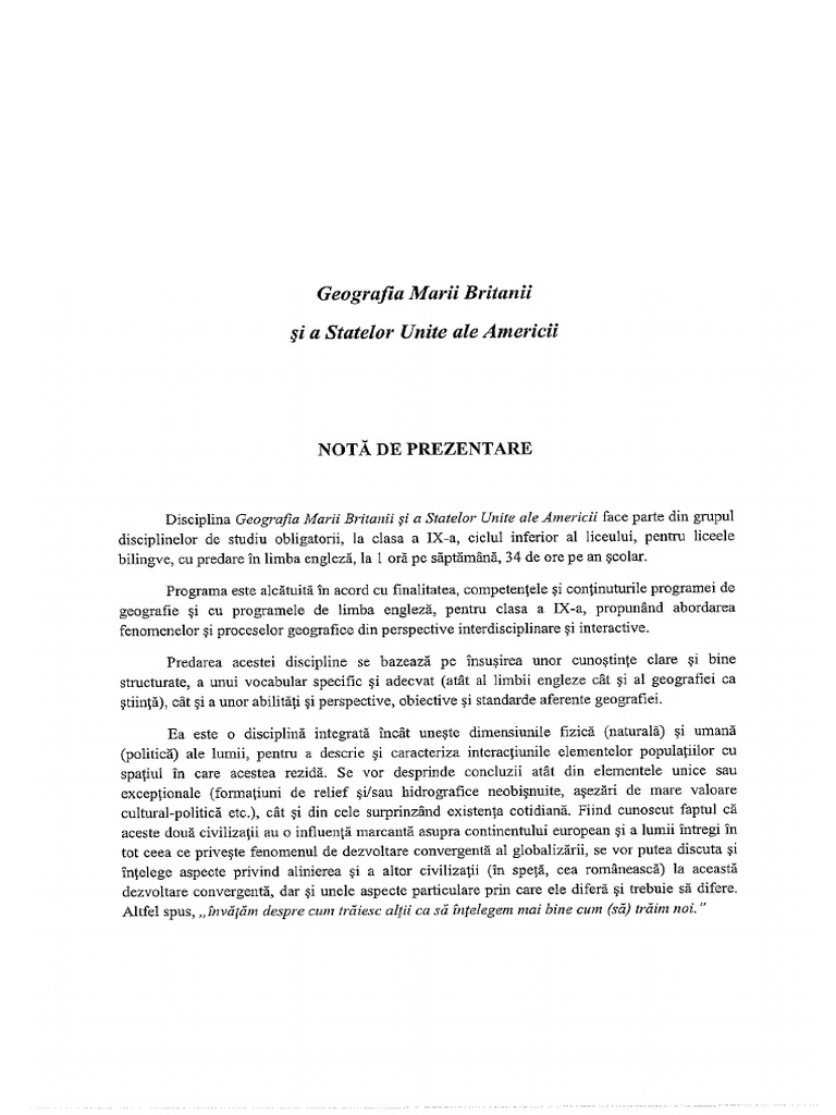 Programa Scolara Clasa 9 Geografia Mariibritaniiusa | PDF