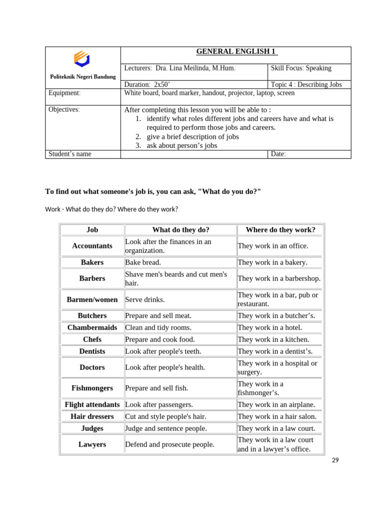 Unit 5 Describing Jobs | PDF
