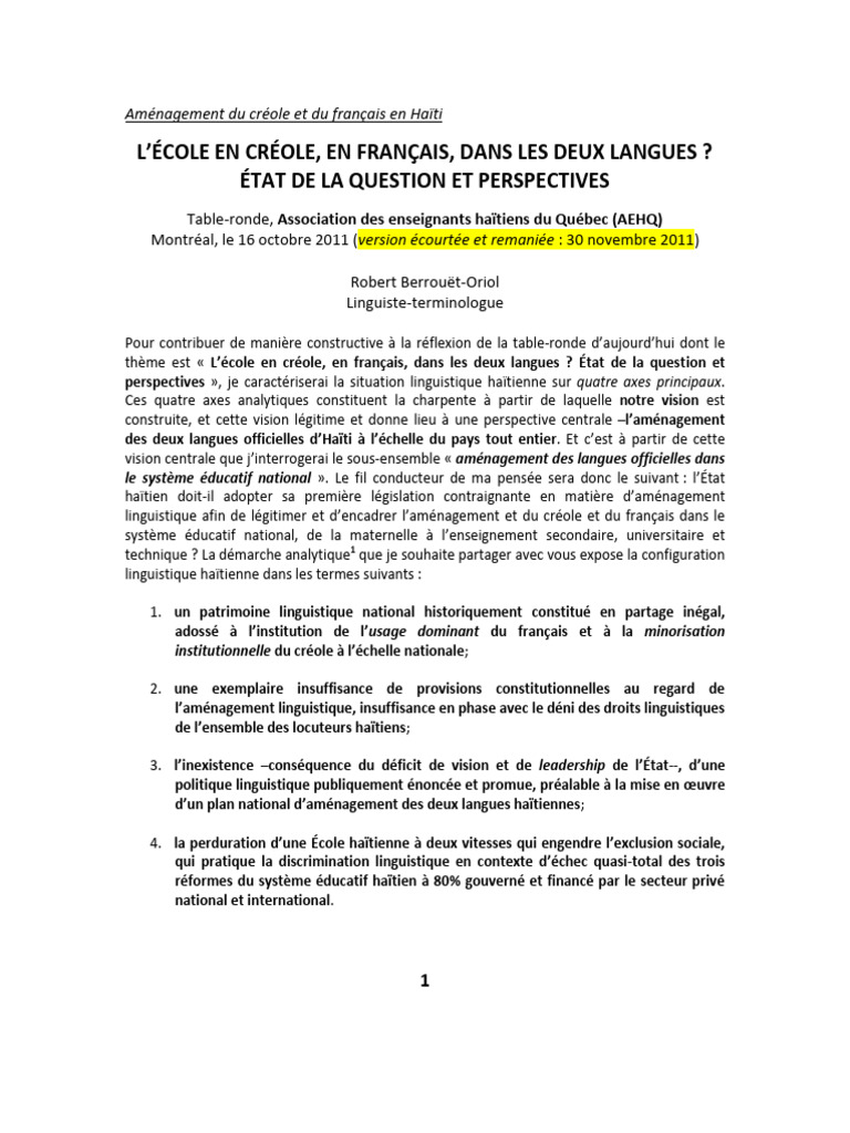 Lecole en Creole en Francais Dans Les de | PDF