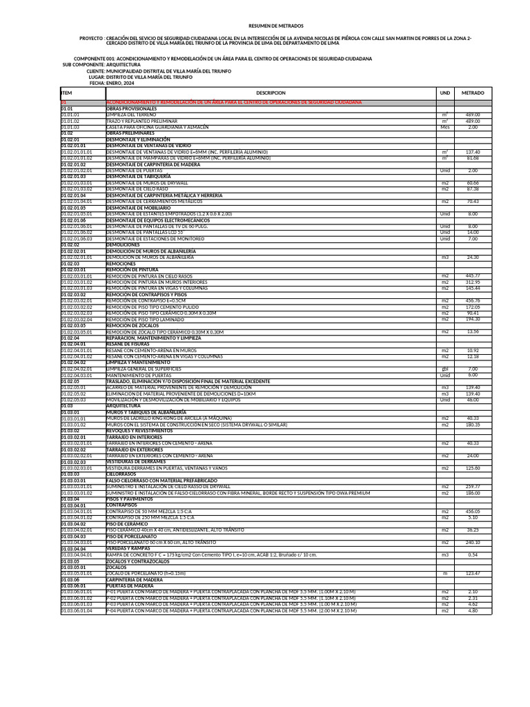 Metrados Contractual - VMT | PDF