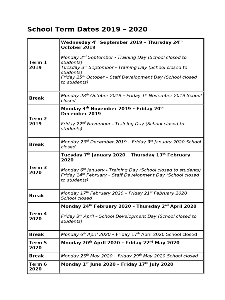 School Term Dates 2019-2020 - v2.182270915 | PDF
