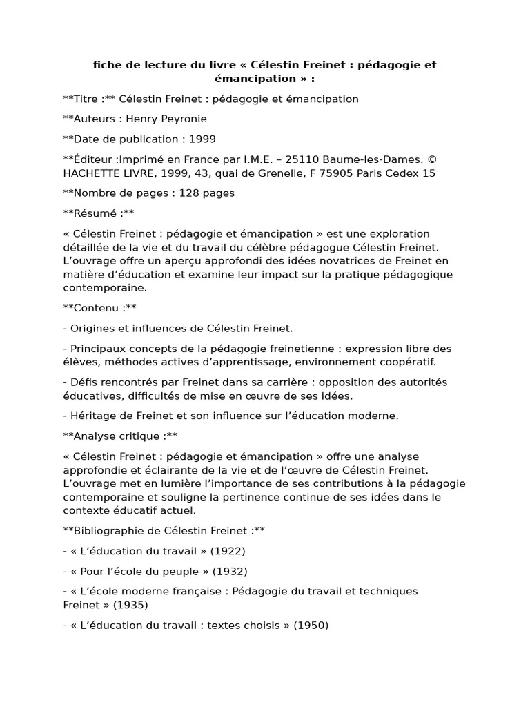 Fiche de Lecture Célestin Freinet Pédagogie Et Émancipation | PDF