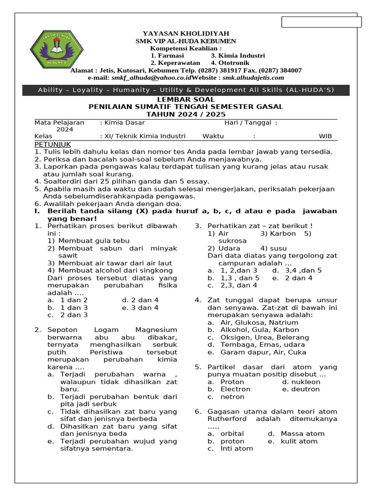 soal kimia DASAR X KIMIDUS PSTS 2024 GSL | PDF