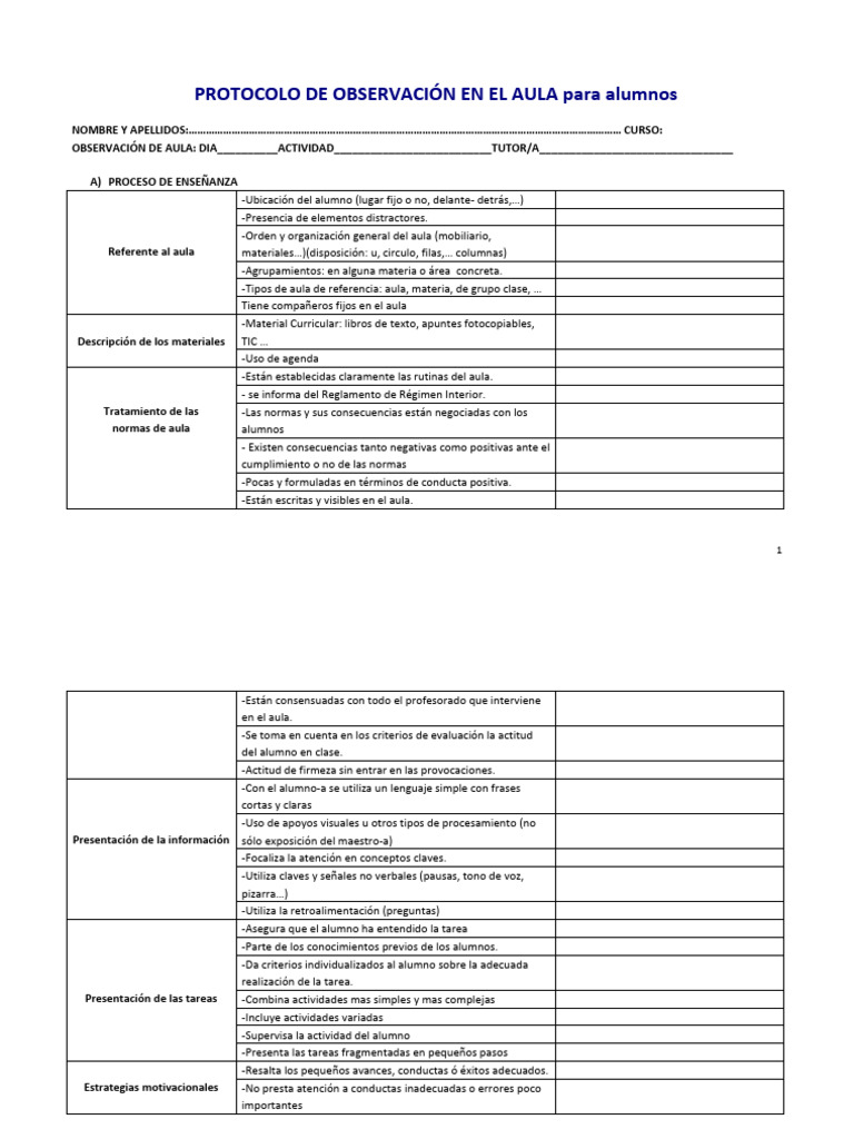 PROTOCOLO DE OBSERVACIÓN EN EL AULA para Alumnos | PDF