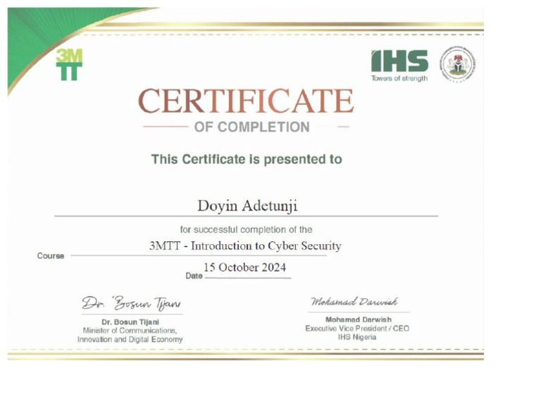 3mtt IHS Academy Intro To Cybersecurity Certificate | PDF