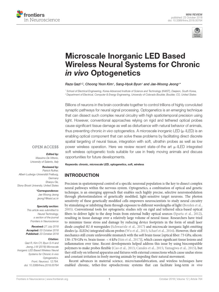 Microscale Inorganic LED Based Wireless Neural Systems For Chronic in ...