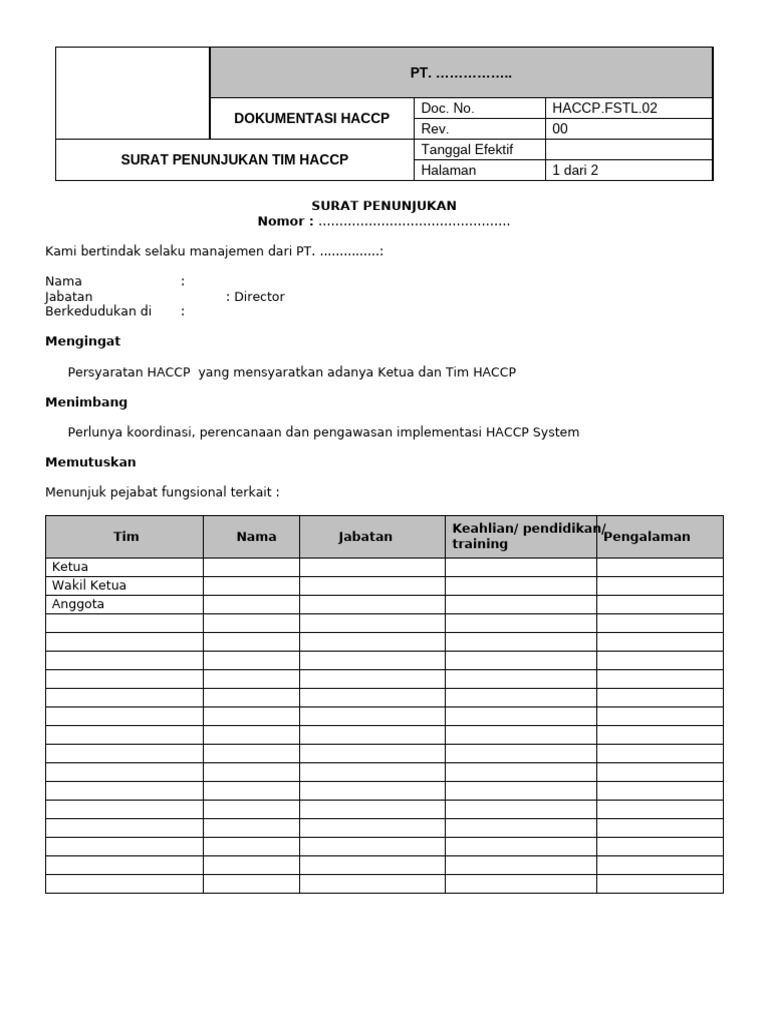 Haccp - FSTL.02 - Surat Penunjukan Tim Haccp | PDF