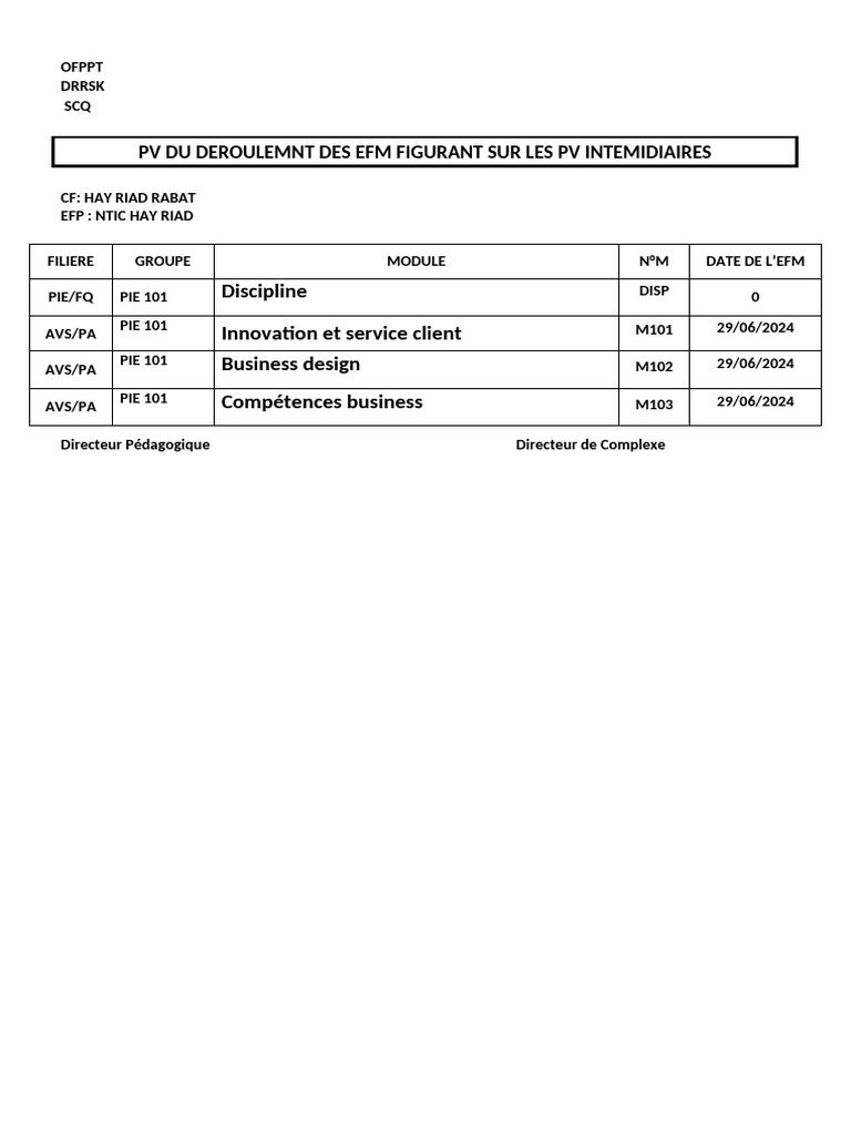 Support Deroulemnt Des EFM Examens PIE 103 JUIN 2024 - Copie | PDF