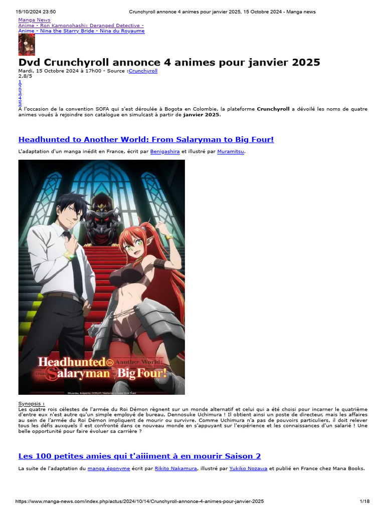 Crunchyroll Annonce 4 Animes Pour Janvier 2025, 15 Octobre 2024 - Manga ...