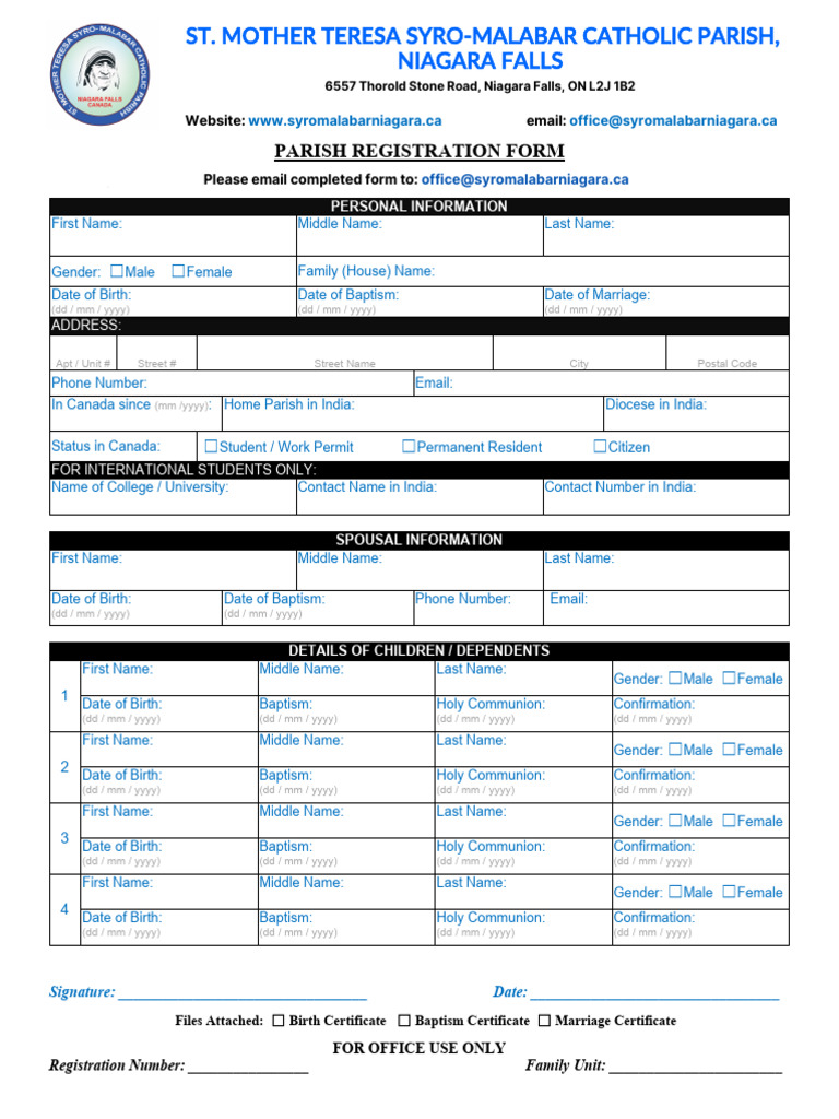St Mother Teresa Parish-Registration-Form 2022 | PDF