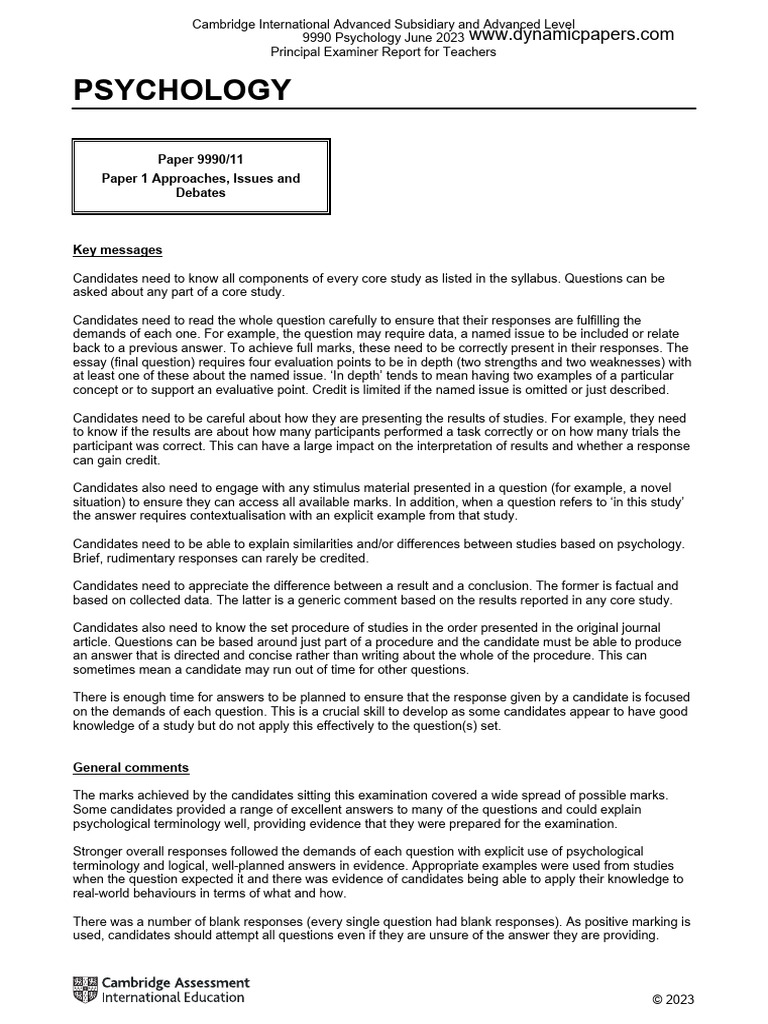 Psychology: Paper 9990/11 Paper 1 Approaches, Issues and Debates | PDF