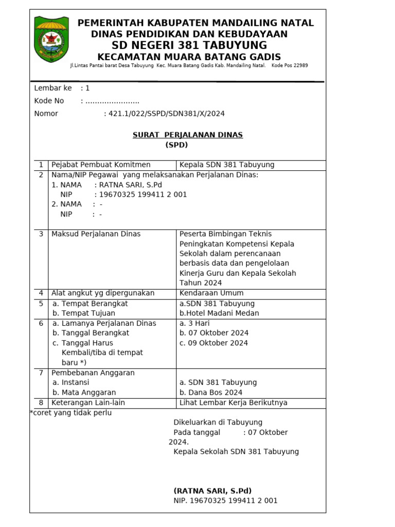 Surat Perjalanan Dinas 381 | PDF