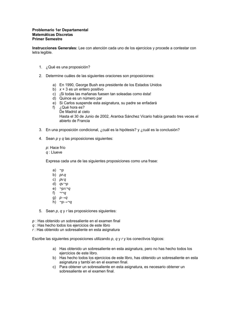 Problemario 1er Departamental Matemáticas Discretas | PDF