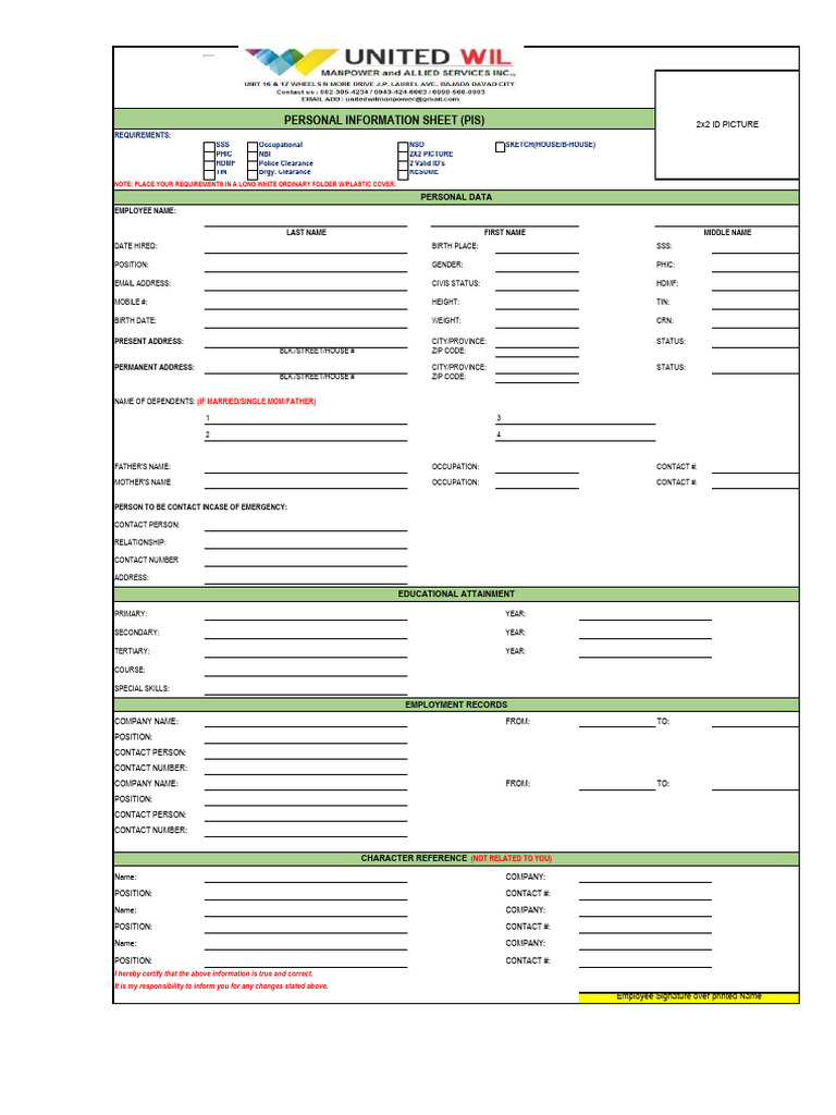 PERSONAL INFORMATION SHEET | PDF