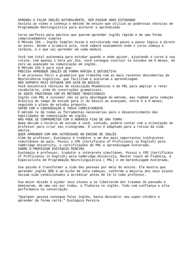 Read More Metodo ISA Ingles Com PNL Prof Eustaquio Pereira 2022 | PDF