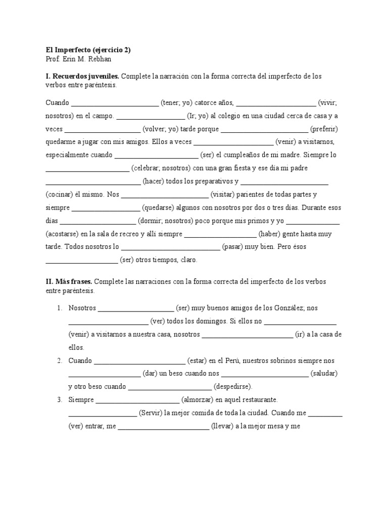 Ejercicios de Imperfecto en Español | PDF