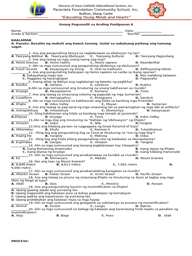 CALUYO-1ST QUARTER EXAMINATION-in-ARALING PANLIPUNAN 8-24-25 | PDF