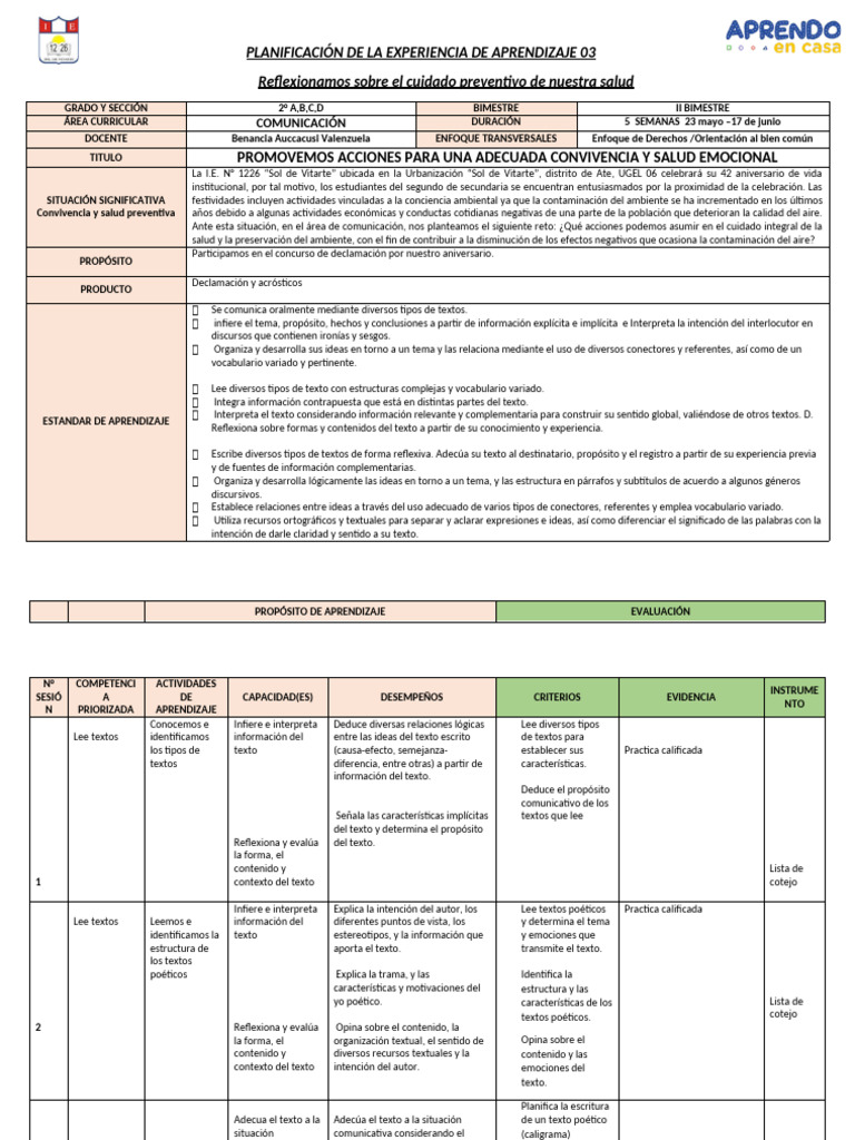 Planificación De La Experiencia De Aprendizaje 03 Copia Pdf