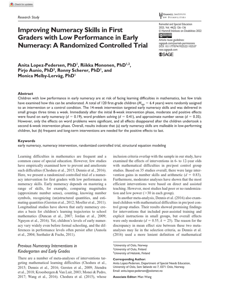 Lopez Pedersen Et Al 2022 Improving Numeracy Skills in First Graders With Low Performance in ...