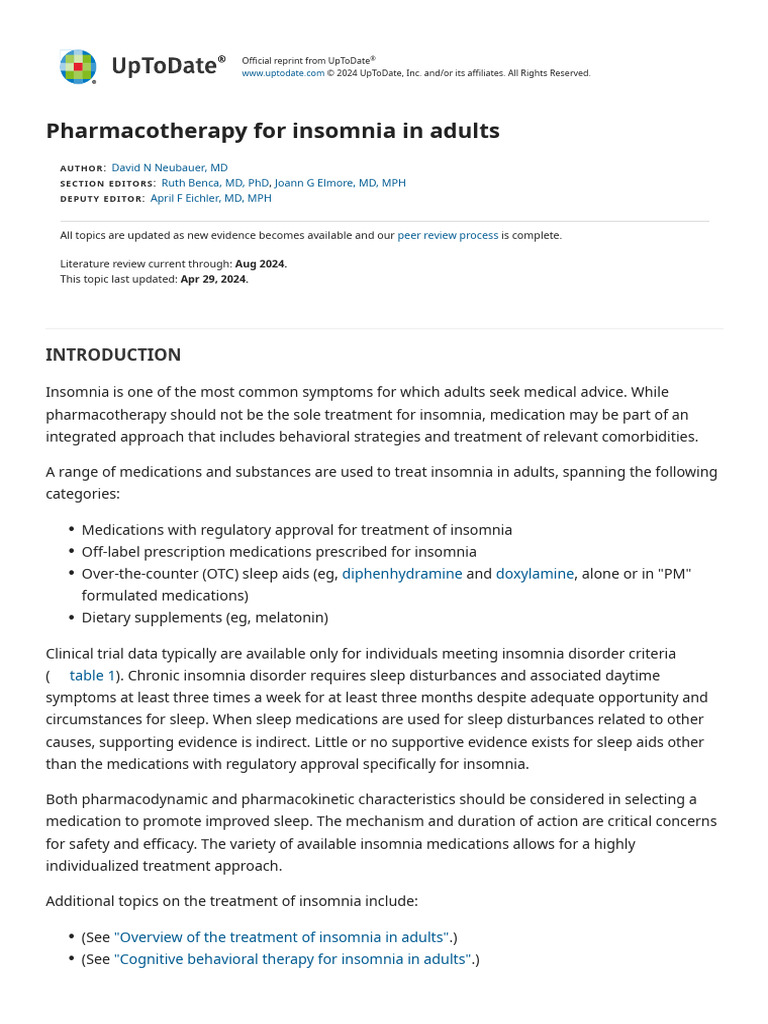 Pharmacotherapy For Insomnia in Adults - UpToDate | PDF