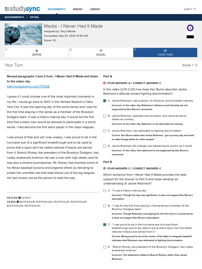 StudySync - Your Turn - Media - I Never Had It Made | PDF