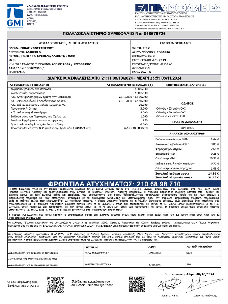 Gasanmamo Insurance Limited ΑΦΜ: ΜΤ14935324 Εδρα: Msida Road, Gzira ...