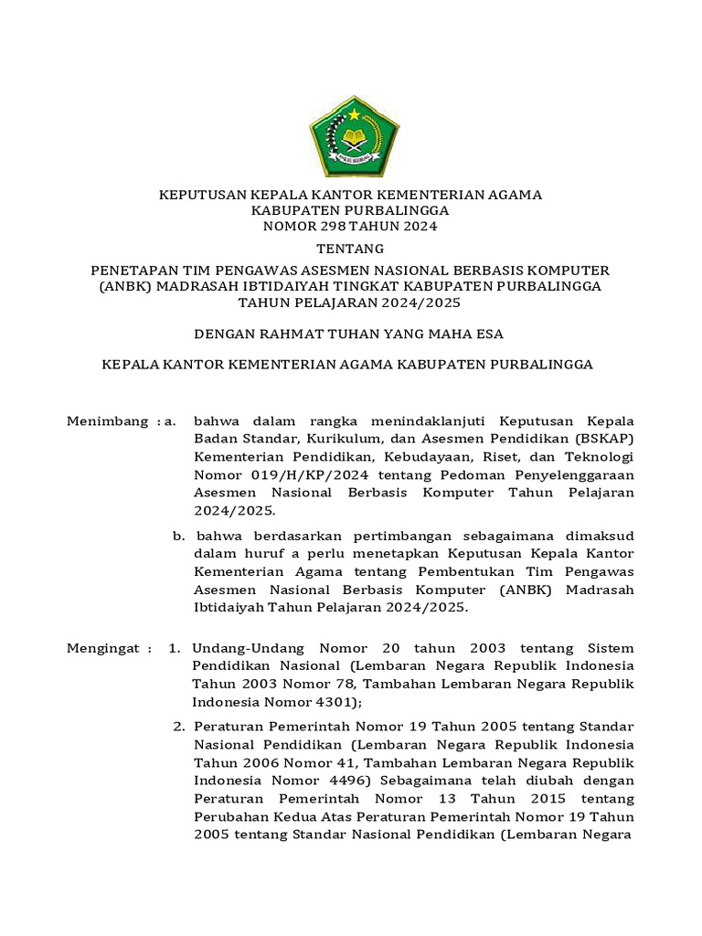 SK Pengawas Anbk Jenjang Mi Tahun 2024 | PDF